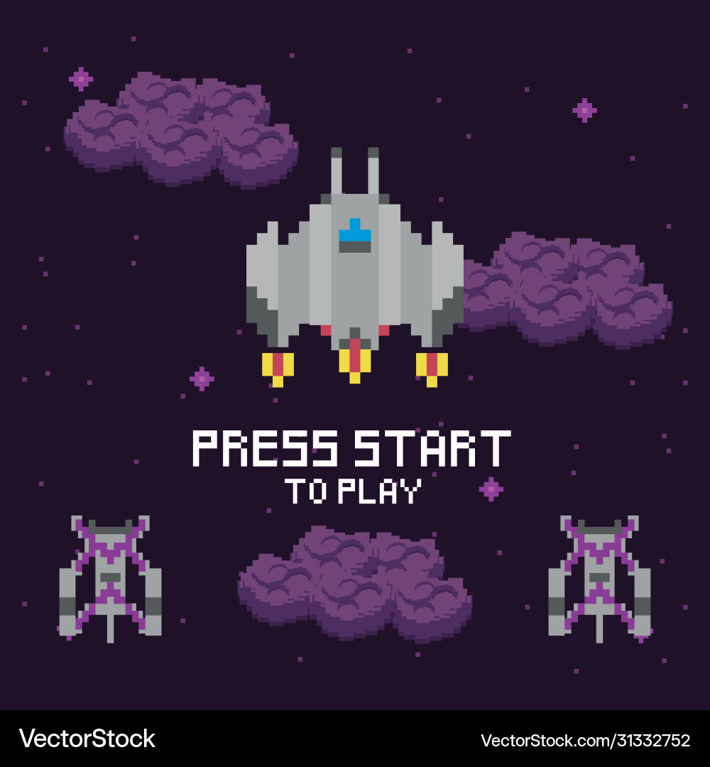 Video game space pixelated scene and press star Vector Image