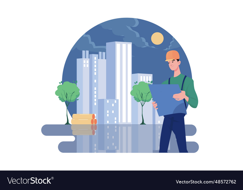 Construction workers checking the building plan Vector Image