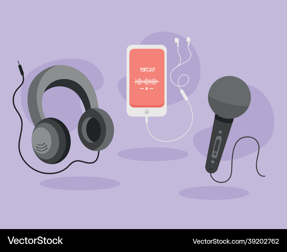 Podcast headphone smartphone and microphone Vector Image