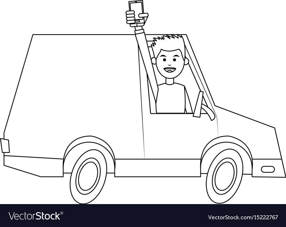 Happy man holding cellphone while driving car icon