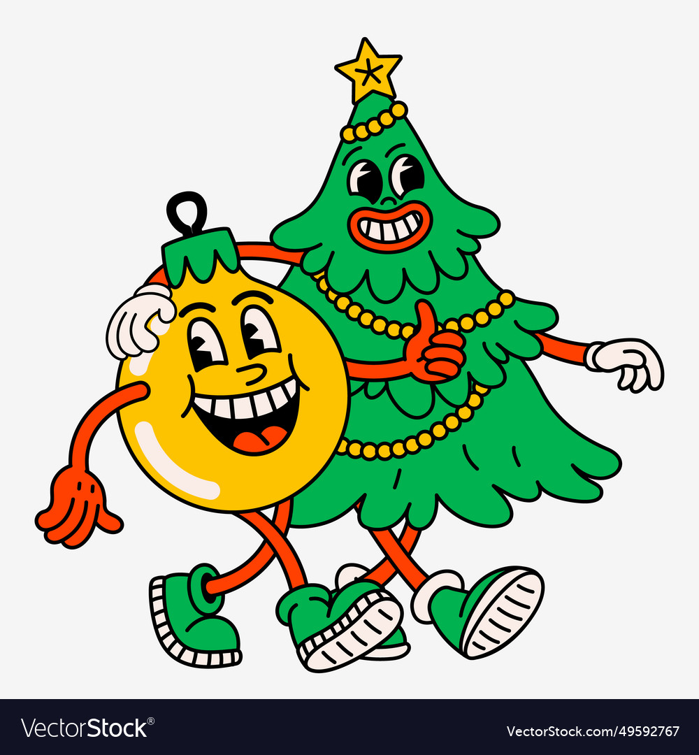 Retro cartoon christmas tree and ball groovy Vector Image