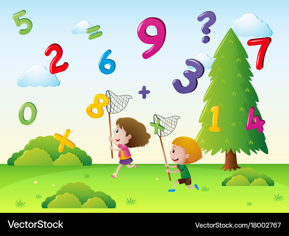 Two kids catching numbers in sky Royalty Free Vector Image