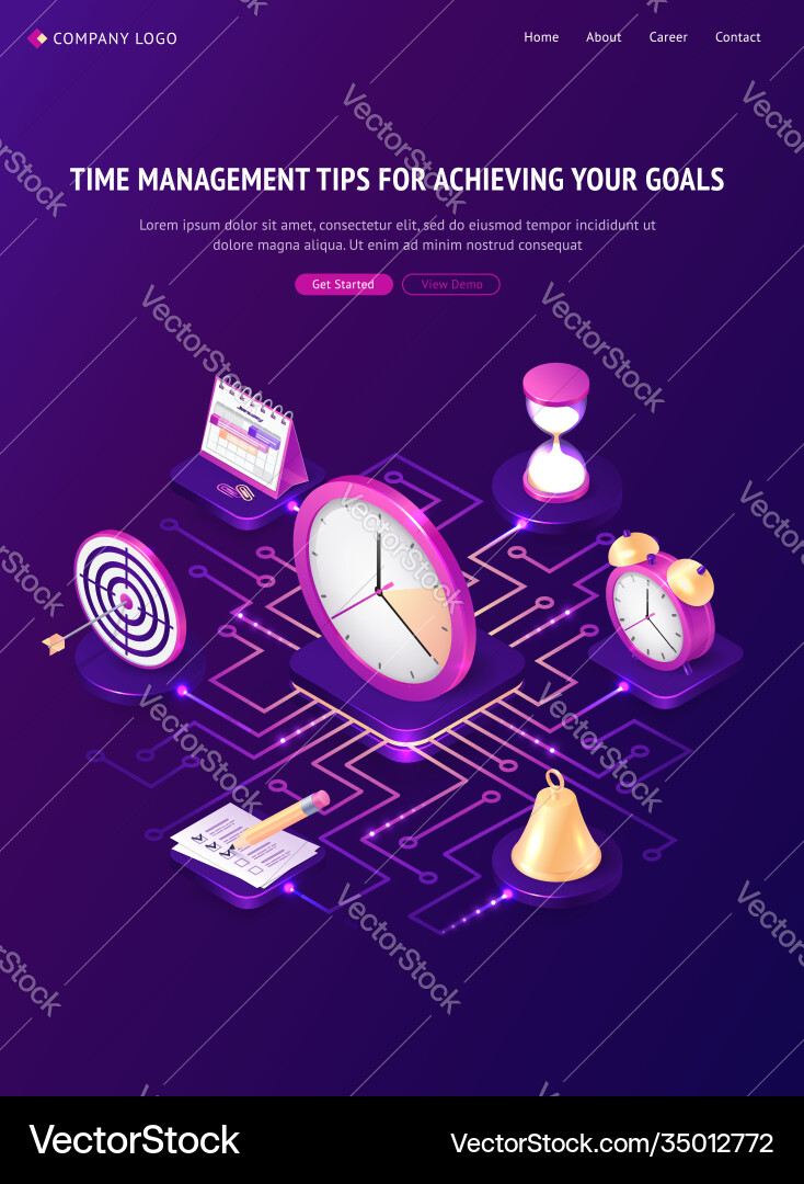 Time management tips isometric landing page banner
