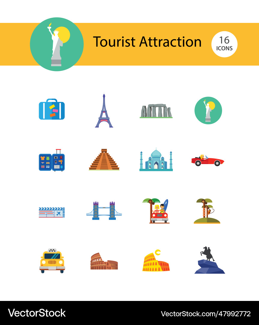 Tourist attraction icons set Royalty Free Vector Image