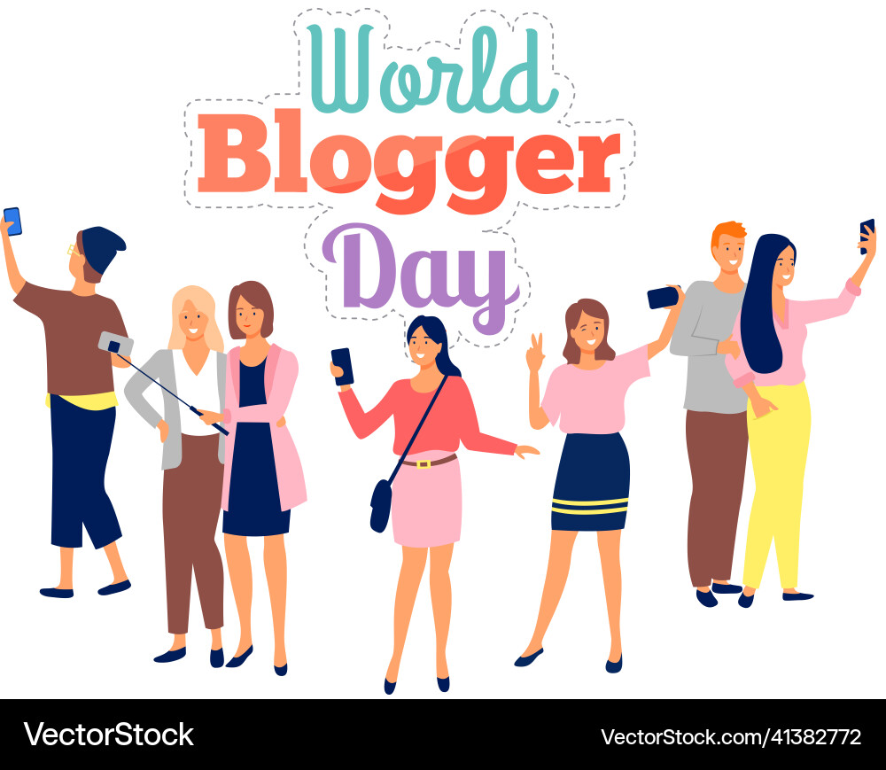 World blogger day poster with people using mobile Vector Image
