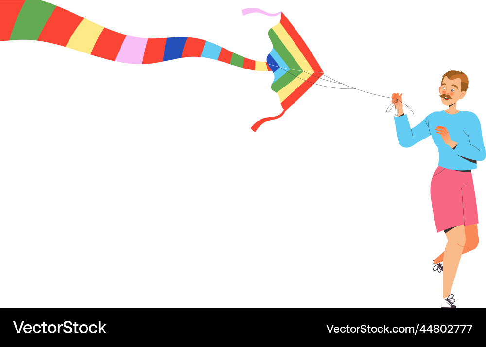 Happy mustached man flying kite enjoying Vector Image