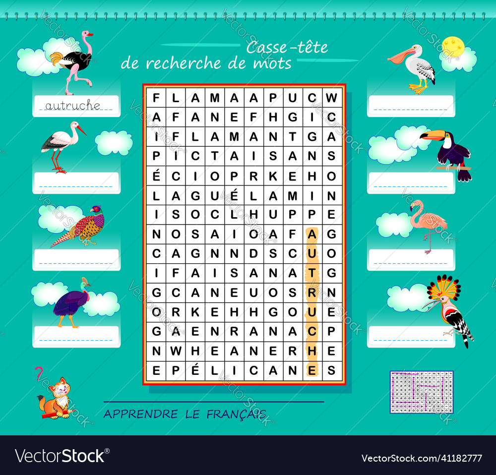 Learn french word search puzzle logic game Vector Image