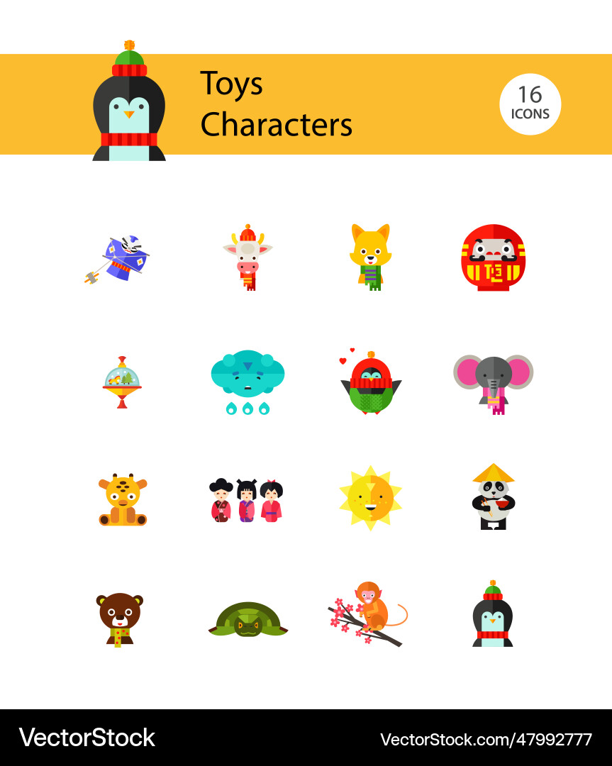 Toys characters icons set Royalty Free Vector Image