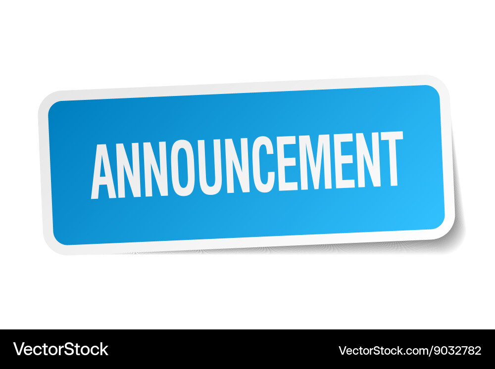Announcement blue square sticker isolated on white
