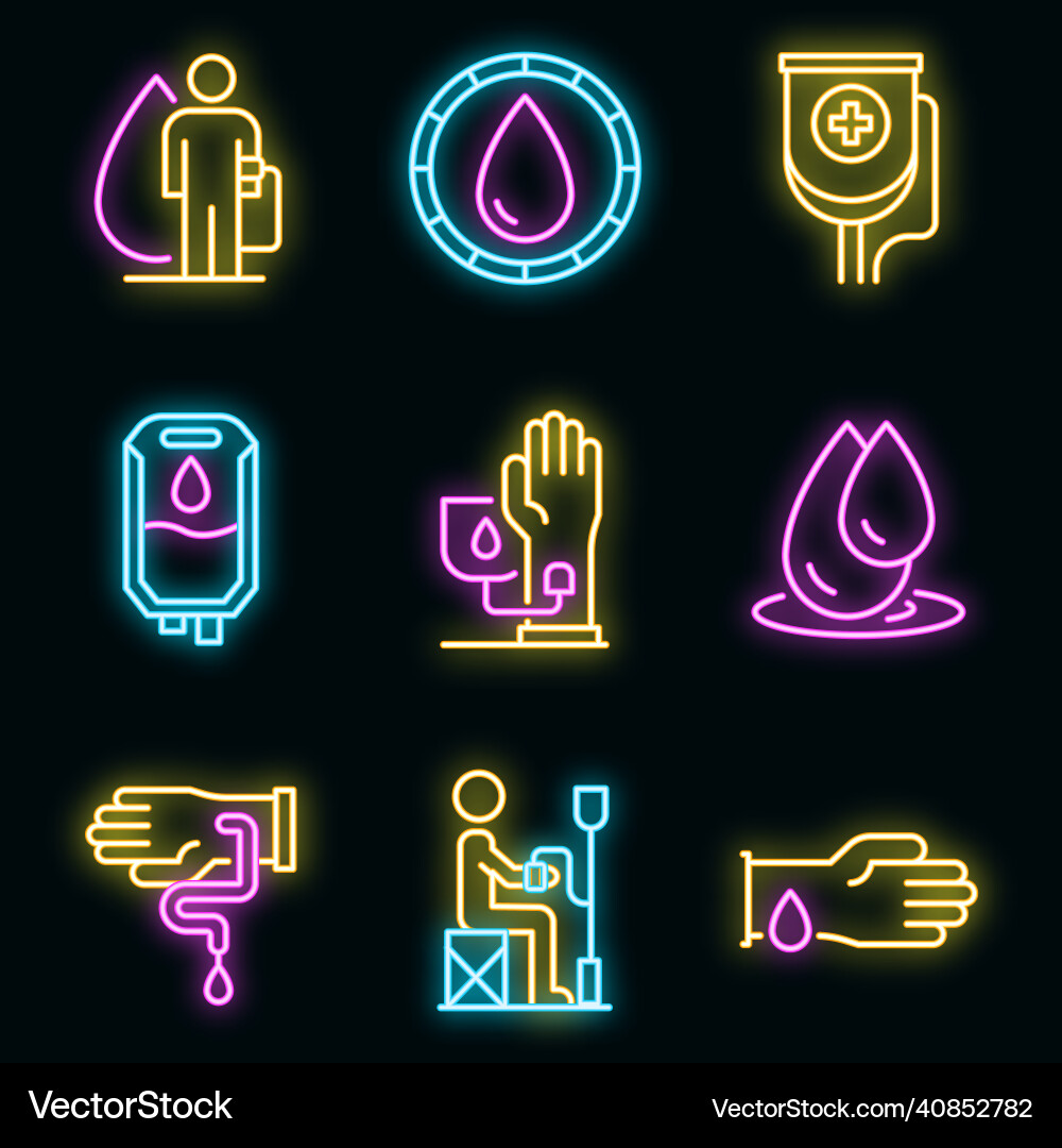 Blood transfusion icons set neon Royalty Free Vector Image