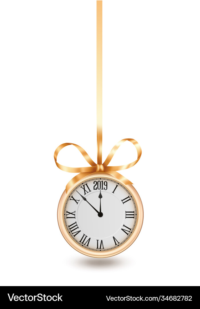 Golden clock hanging on ribbon with bow Royalty Free Vector
