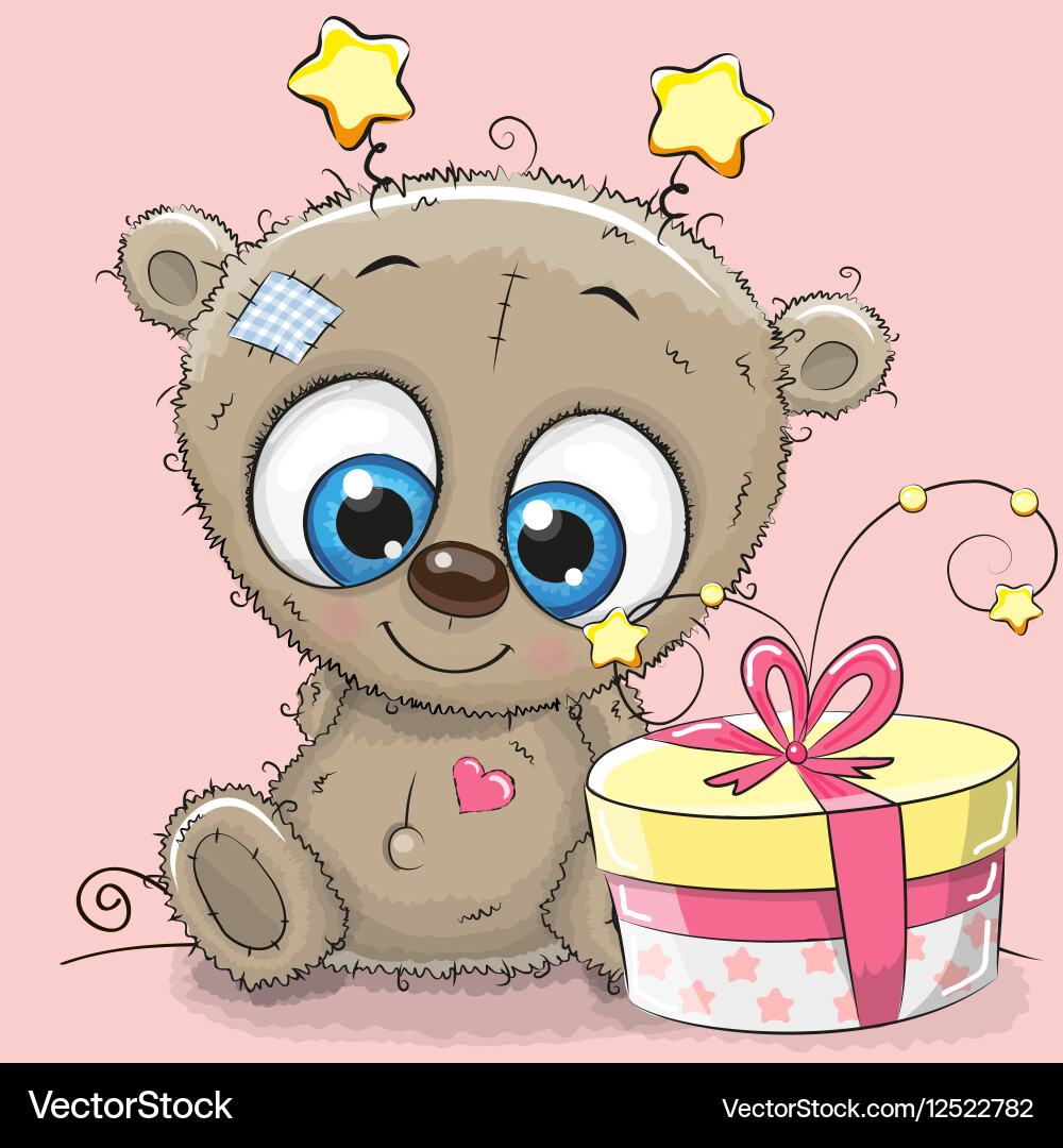 Greeting card cute teddy bear with gift Royalty Free Vector