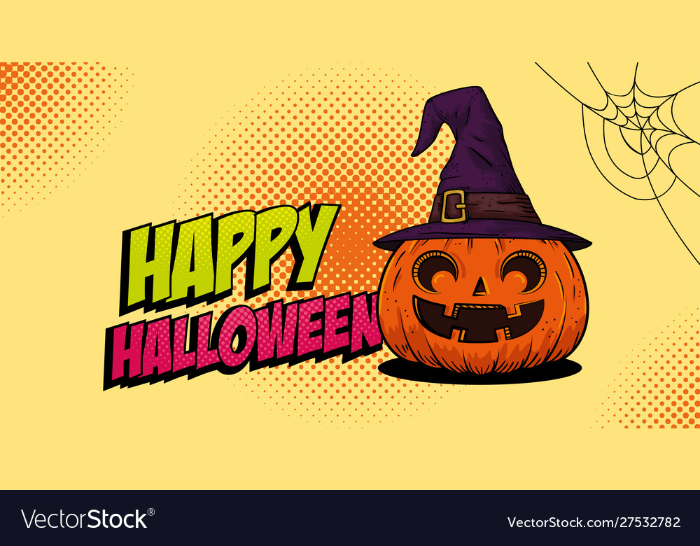 Halloween pumpkin with hat witch pop art style Vector Image