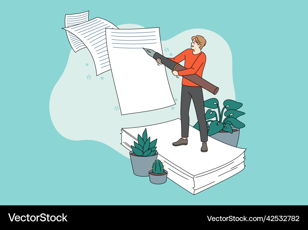 Male writer handwriting with huge pen Royalty Free Vector