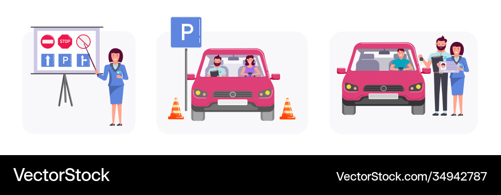 Getting car driving license at auto school set Vector Image