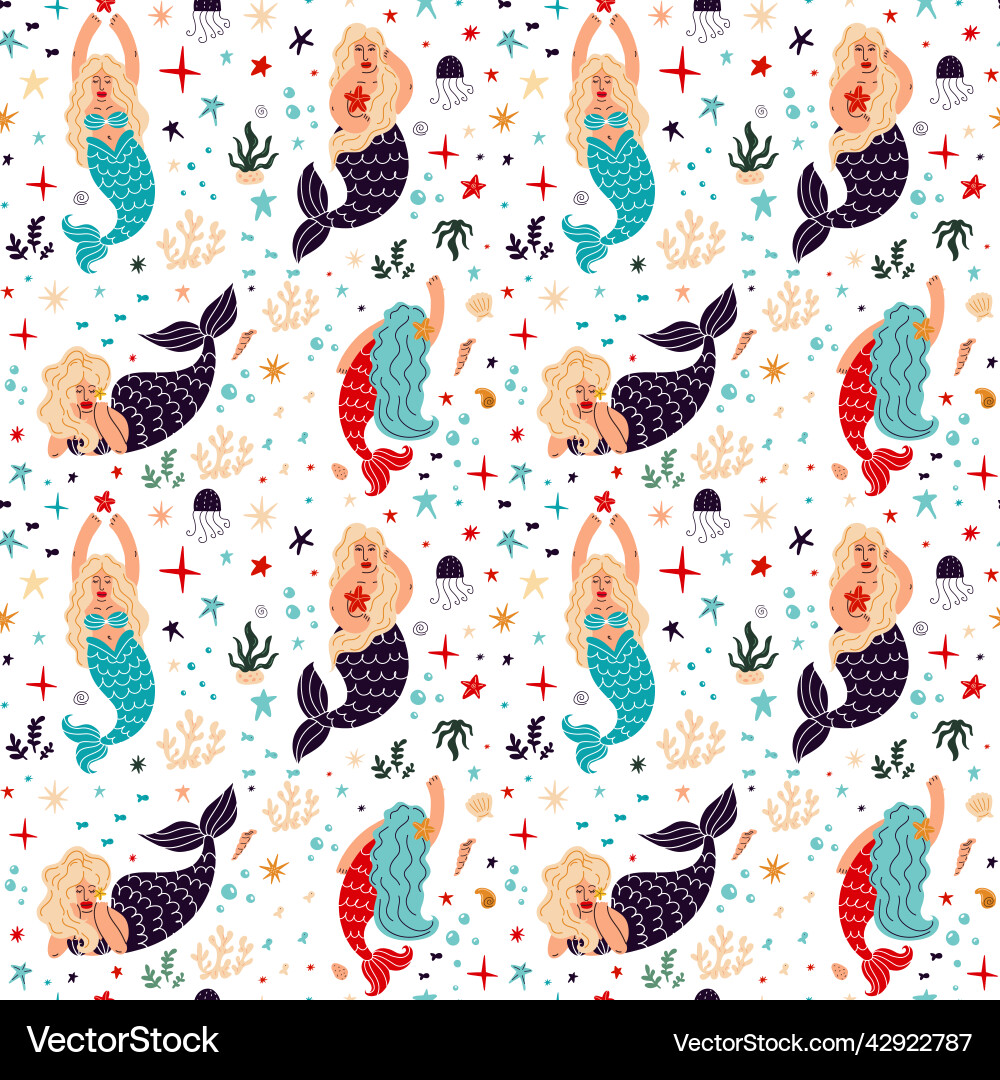 Seamless pattern with mermaids and marine life Vector Image