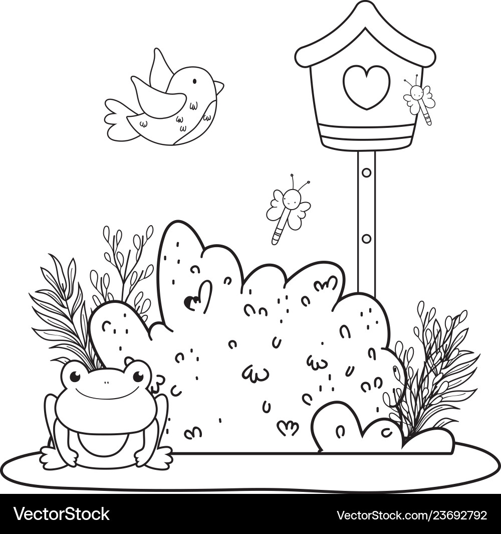 Cute toad in the landscape with birdhouse Vector Image