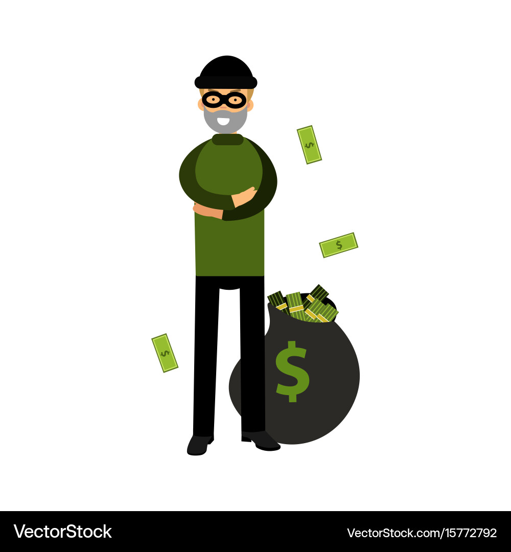 Robber character standing with folded arms and big