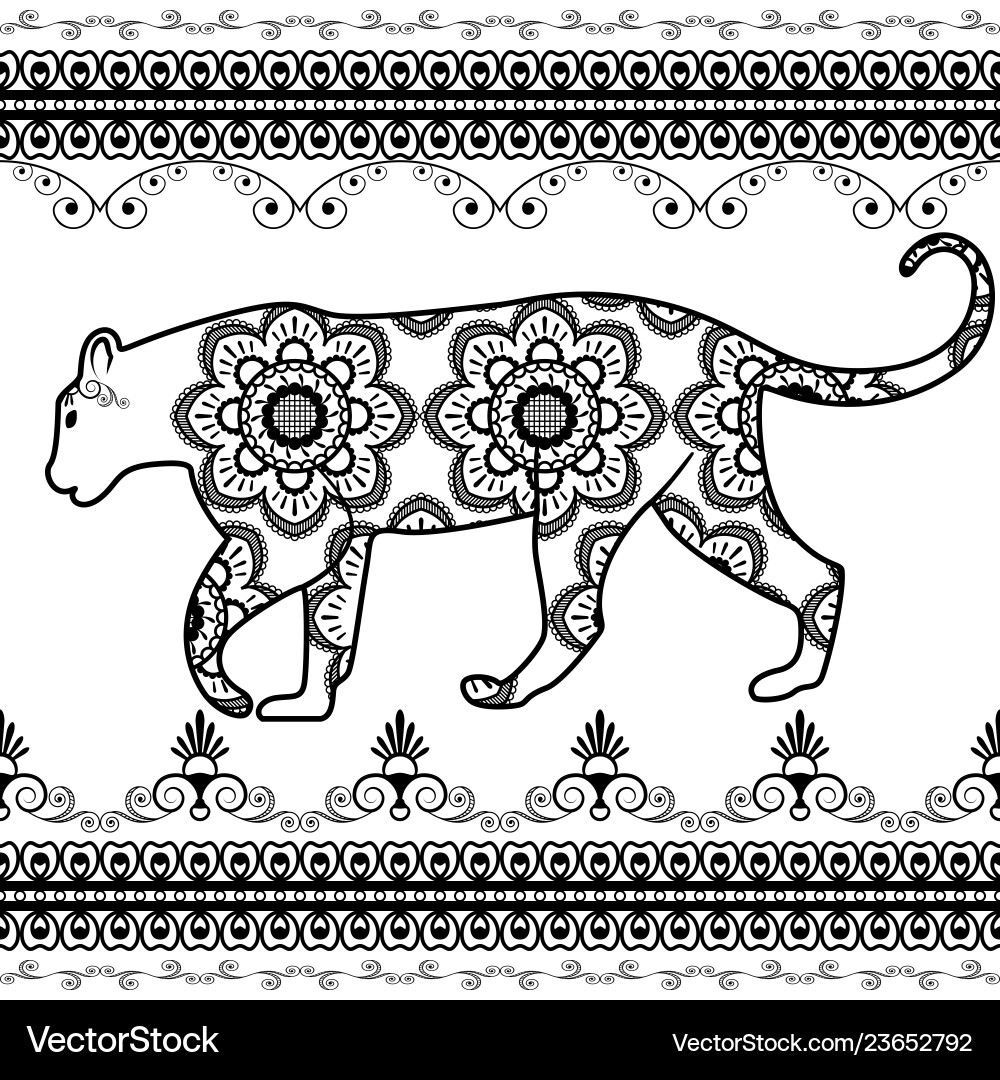 Tiger with border elements in ethnic mehndi style Vector Image