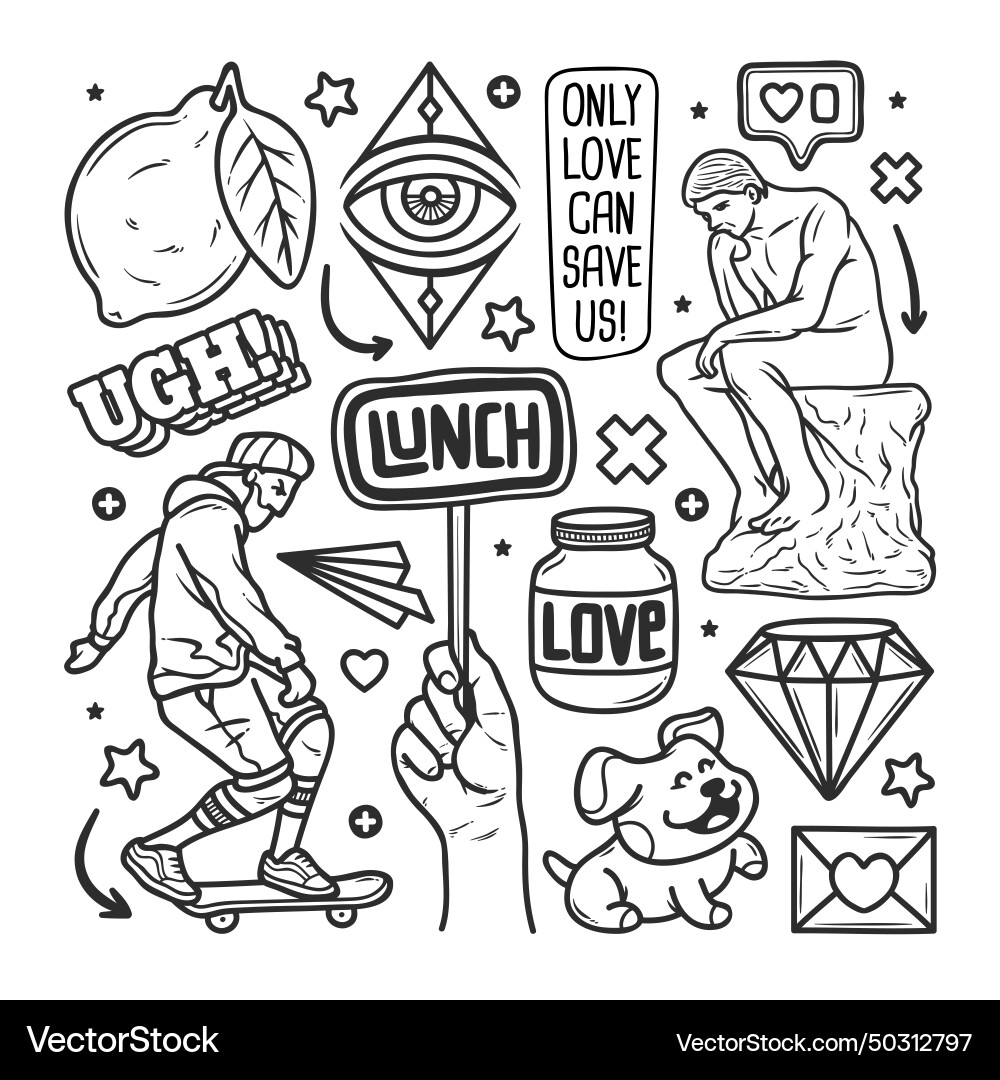 10 stickers hand drawn doodle coloring Royalty Free Vector