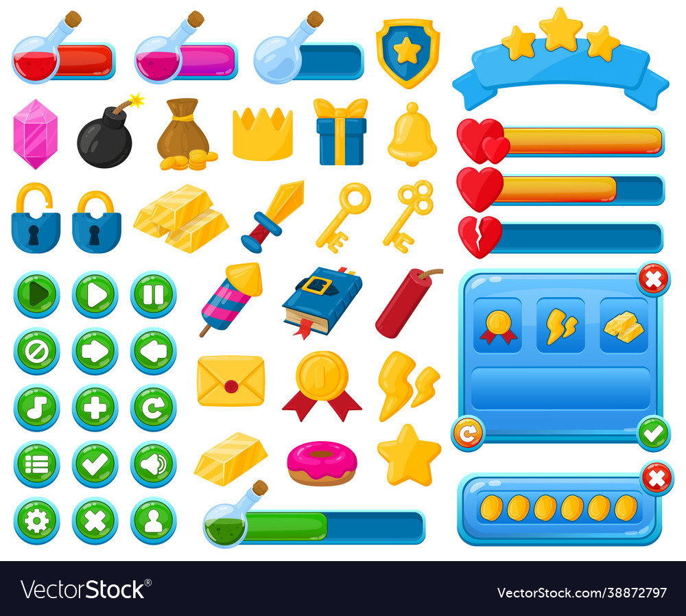Cartoon mobile game user interface kit elements Vector Image