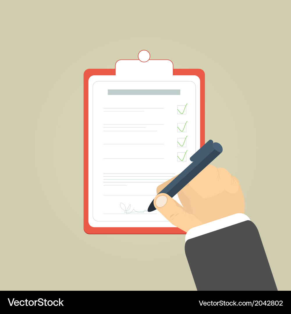 Businessman holding a clipboard and writing Vector Image