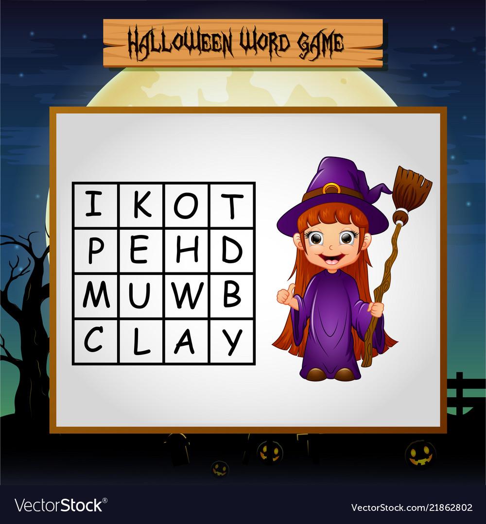 Game halloween find the word of witch Royalty Free Vector