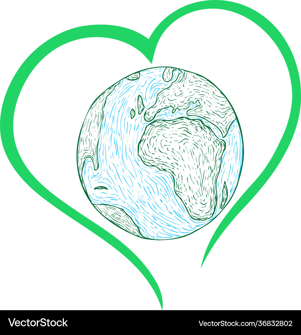 Hand-drawn earth strokes with green heart around Vector Image
