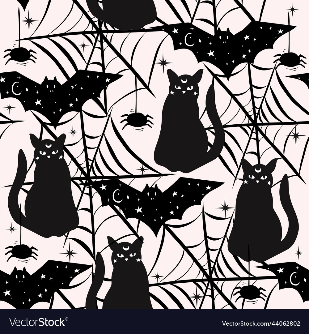 Seamless halloween pattern with black cats bats Vector Image