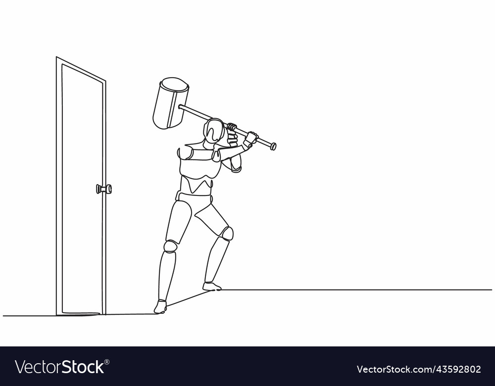 Single continuous line drawing robot holding Vector Image