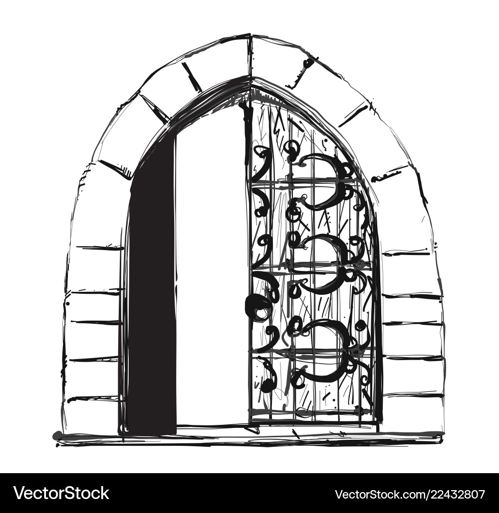 Outlined pair of open doors surrounded by ornate Vector Image