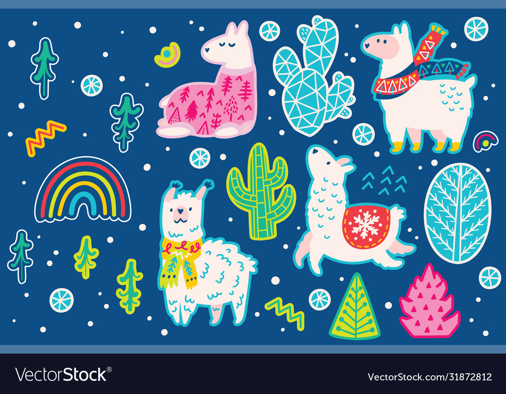 Christmas llama animal sticker set Royalty Free Vector Image