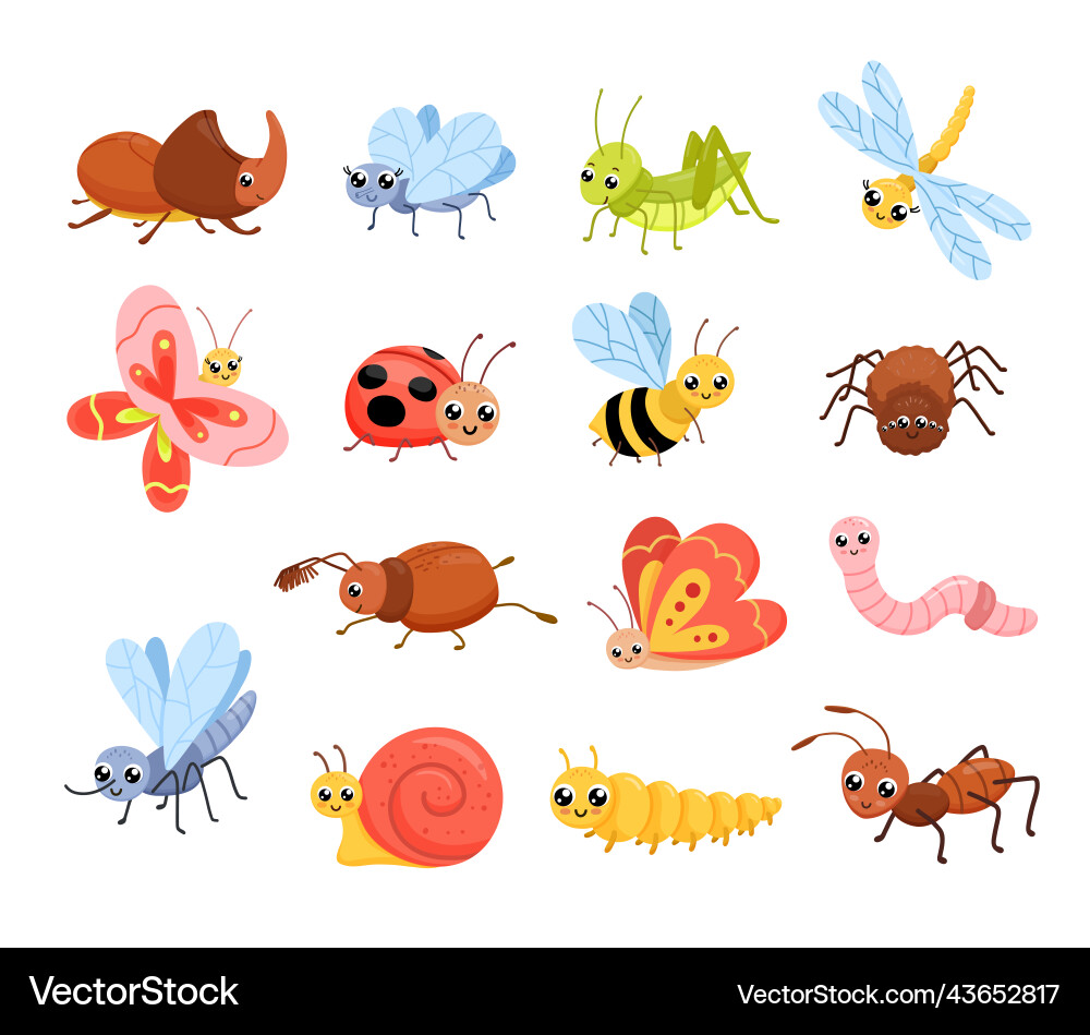 Cartoon insects set cute ant grasshopper Vector Image