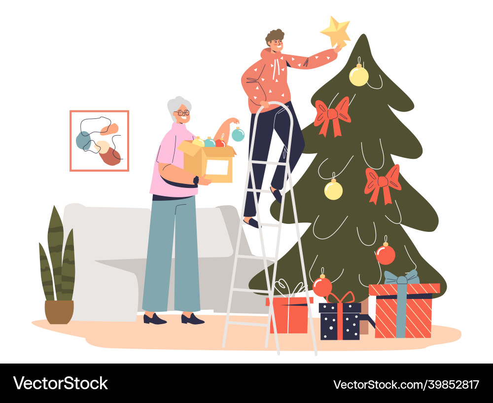 Happy grandmother decorating christmas tree Vector Image