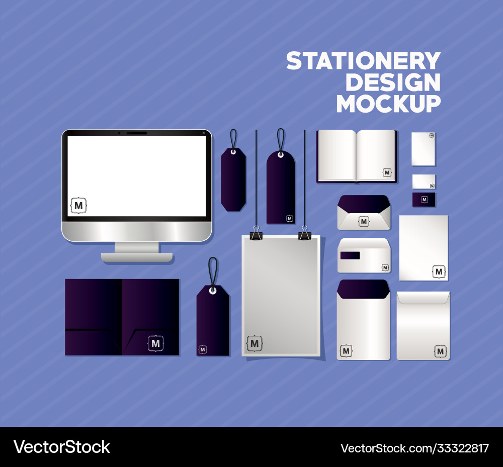 Mockup set with dark purple branding design Vector Image