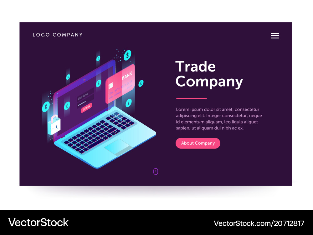 Trade company web banner with laptop Royalty Free Vector