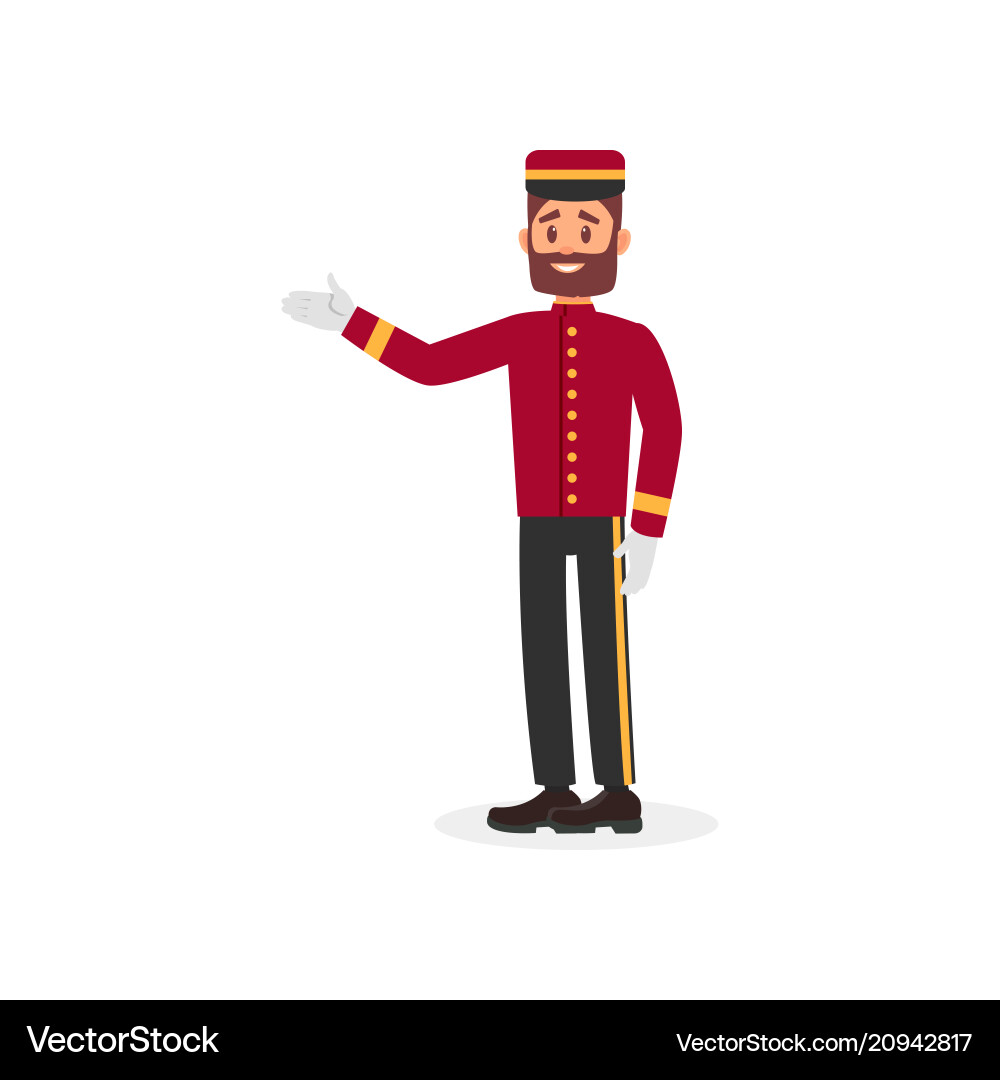 Young bearded guy in bellboy uniform employee Vector Image