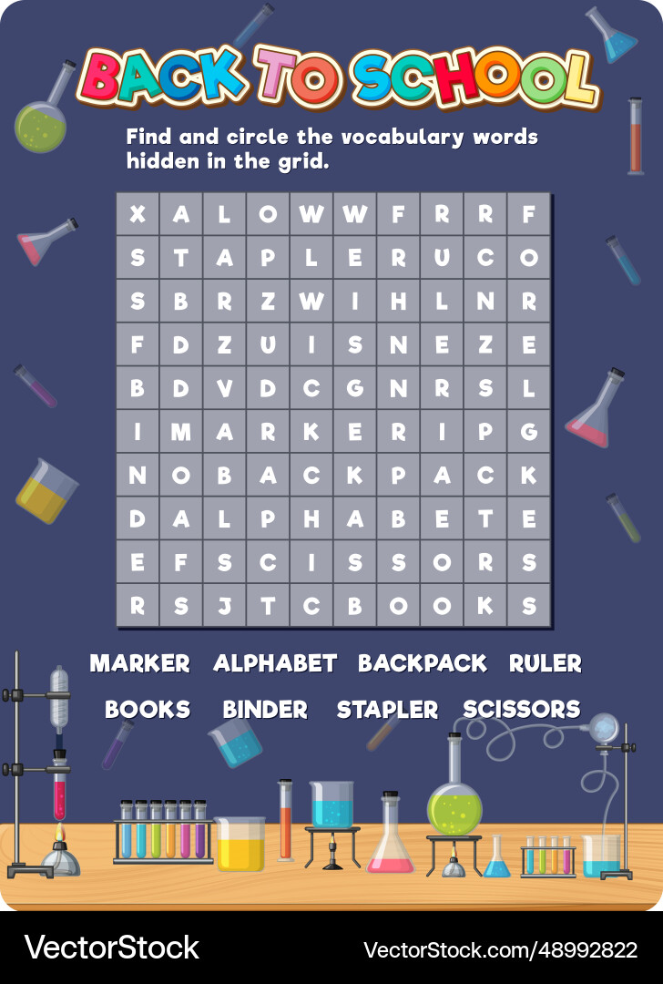Science-themed word search puzzle game for Vector Image