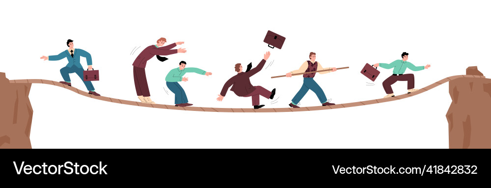 Business people walking and falling from rope flat