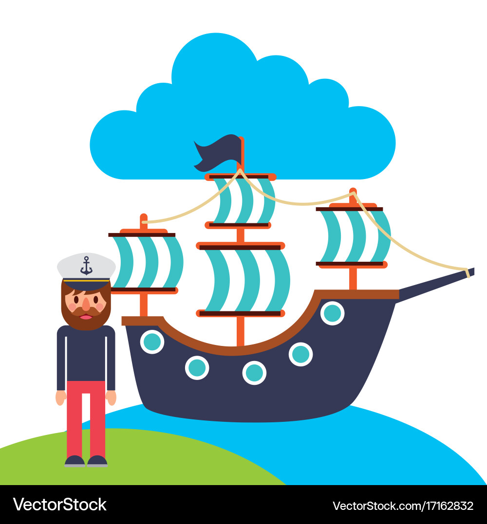 Cartoon captain sailor in uniform with ship Vector Image