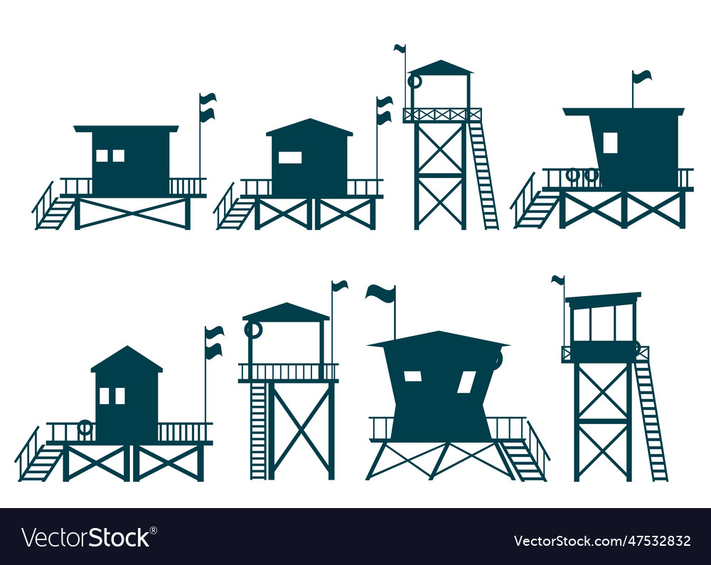 Collection of lifeguard tower icons station beach Vector Image