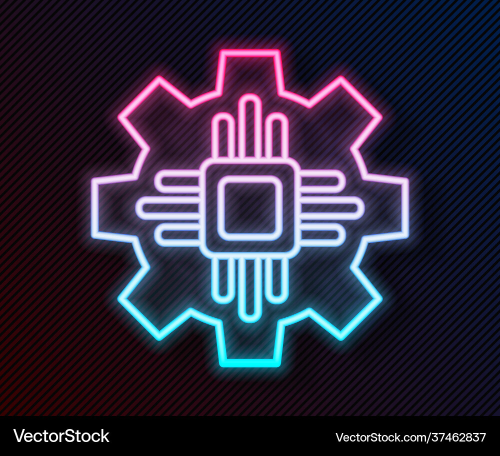 Glowing neon line processor icon isolated on black