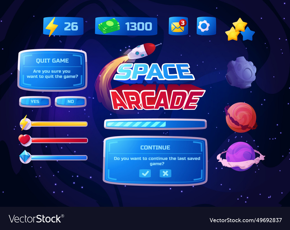 Space arcade game menu interface Royalty Free Vector Image