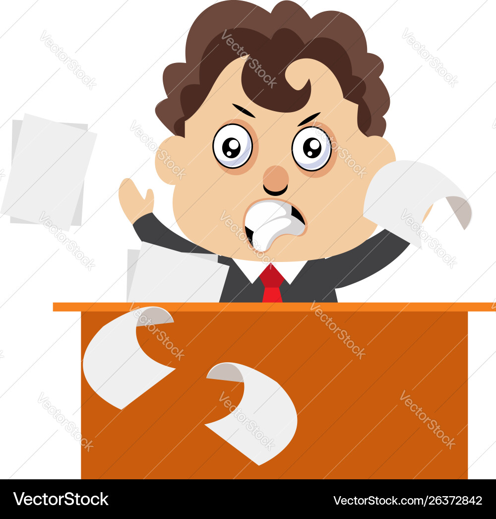 Angry man at desk on white background Royalty Free Vector