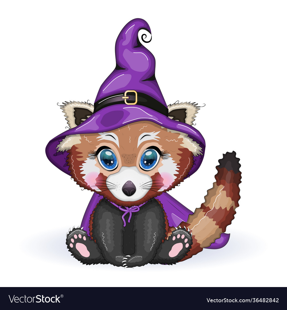 Cartoon red panda in a purple witchs hat Vector Image