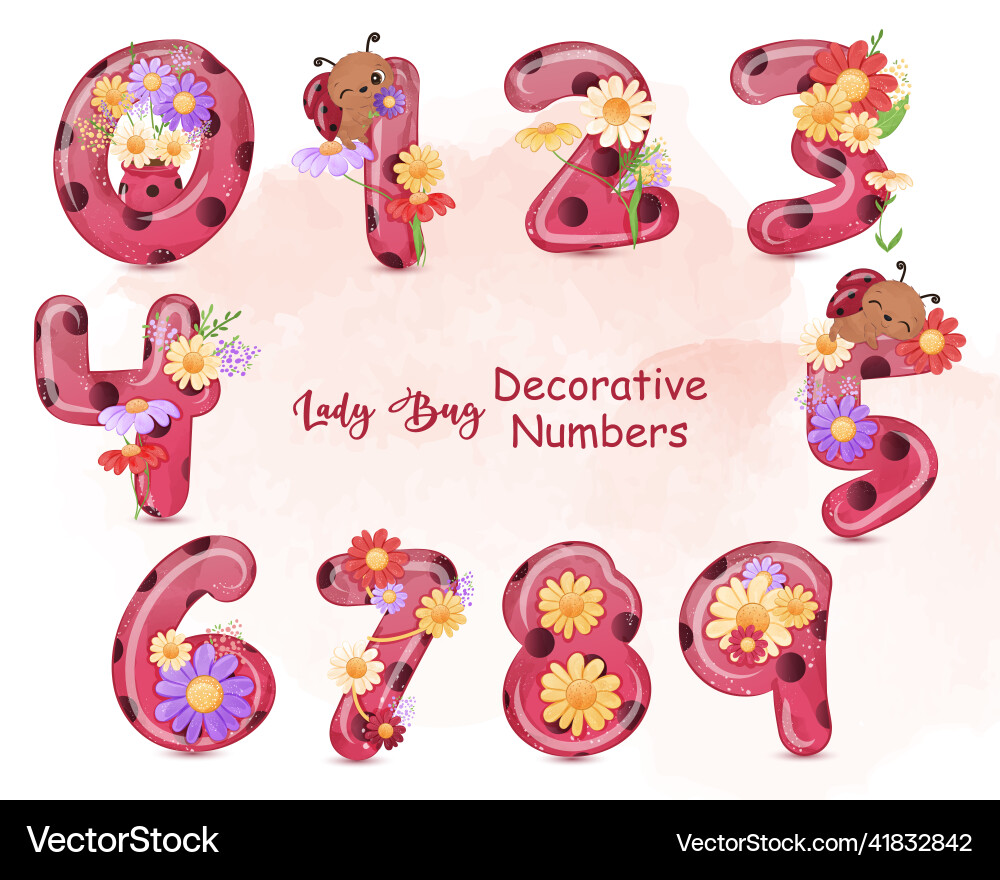 Cute lady bug and flowers decorative numbers Vector Image