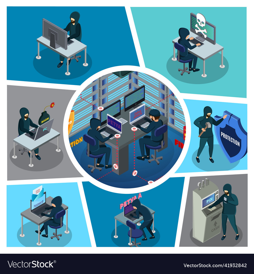 Isometric hacker activity composition Royalty Free Vector