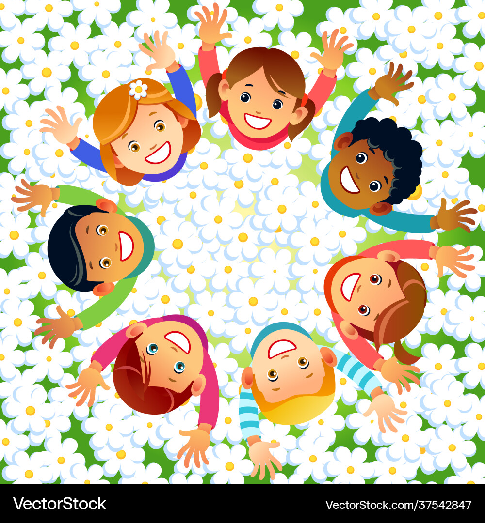 Multicultural kids in a circle in flowers Vector Image