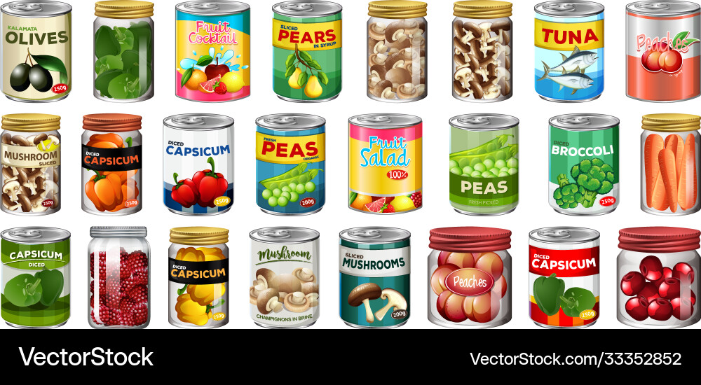 Set different canned food and in jars Royalty Free Vector