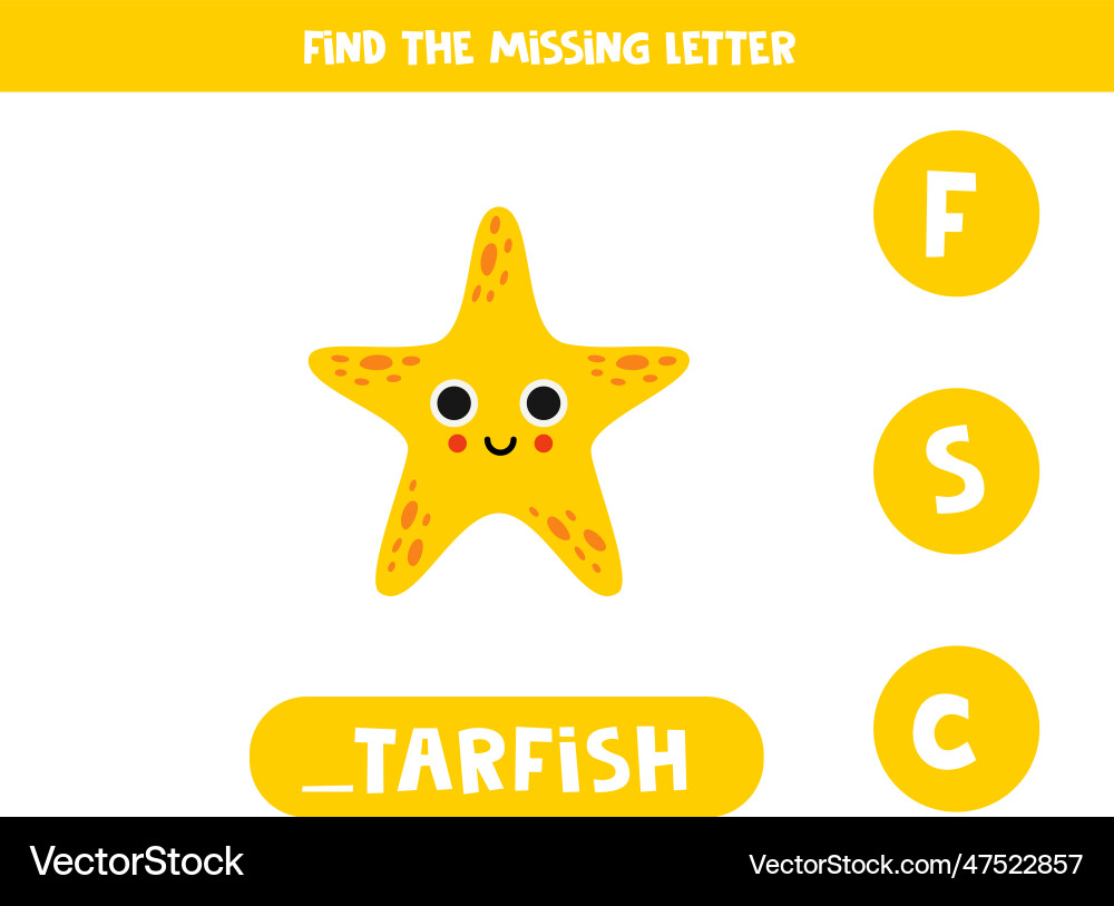Find missing letter with cute cartoon starfish Vector Image